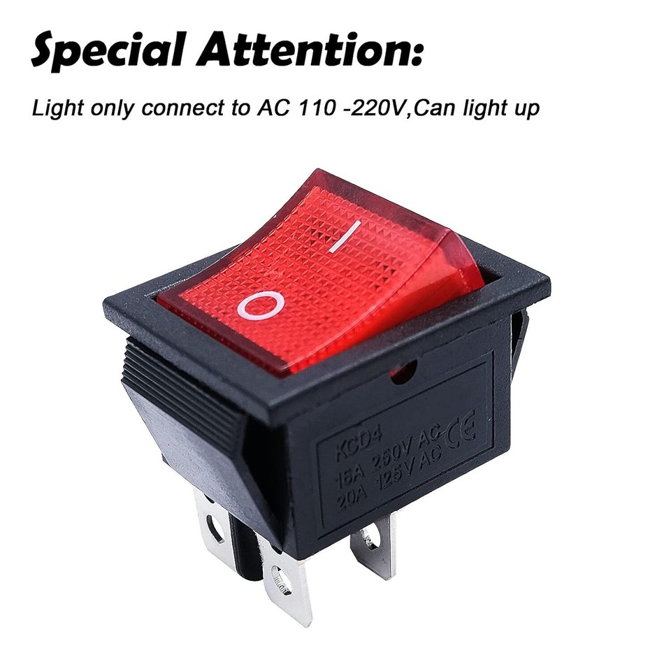 3pcs AC110V/120V Rocker Switch DPST ON-Off 4 Pin Red Light Illuminated ...