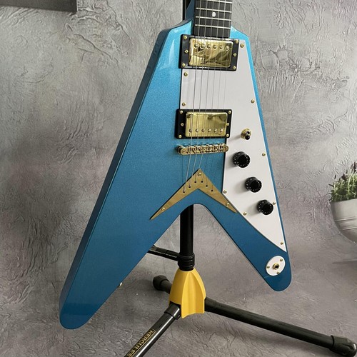 Blue Flying V Electric Guitar 6 String Thru Body Gold Parts HPL ...