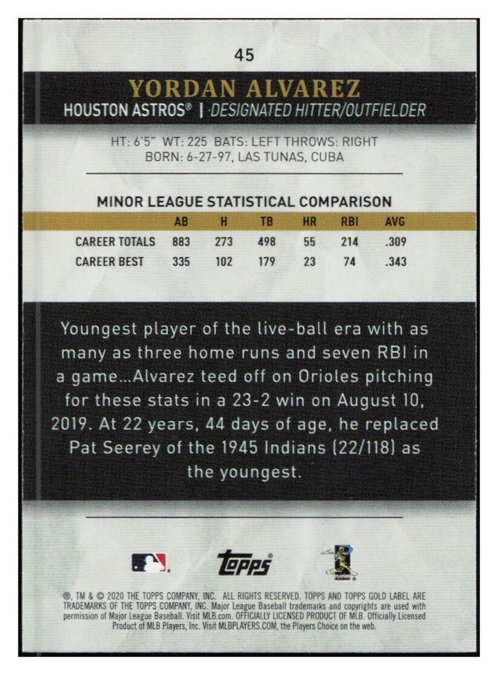 H518 YORDAN ALVAREZ RC 2020 TOPPS GOLD LABEL CLASS 3 HOUSTON ASTROS #45 ...
