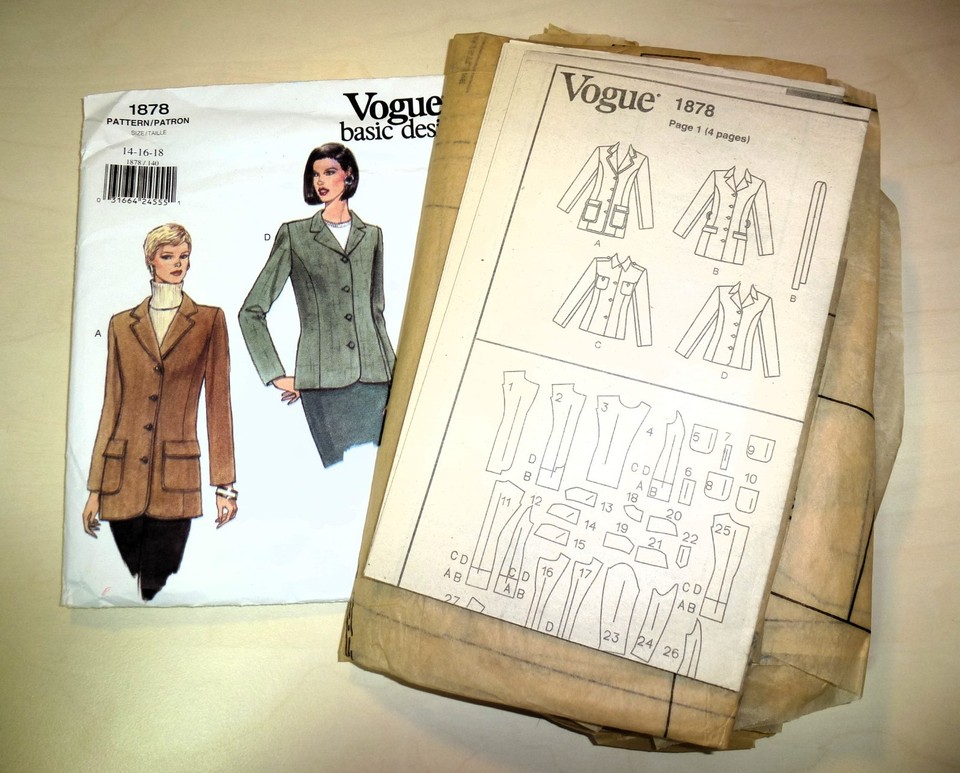Vogue basic design Jacket sewing pattern 1878. Sizes 14-16-18. Uncut ...