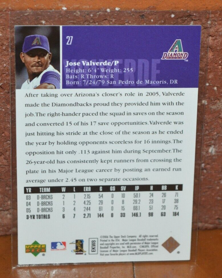 BASEBALL CARD UPPER DECK 2006 ARIZONA DIAMONDBACKS JOSE VALVERDE PENNY ...