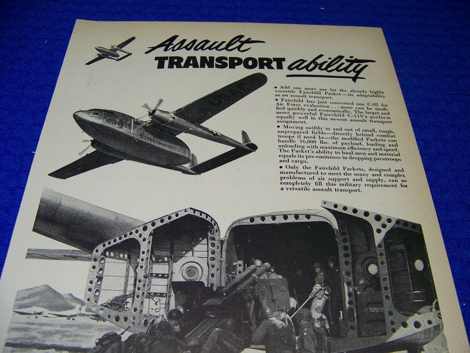 1950 FAIRCHILD C-119 "ASSAULT TRANSPORT" 1-PAGE ORIGINAL SALES AD ...
