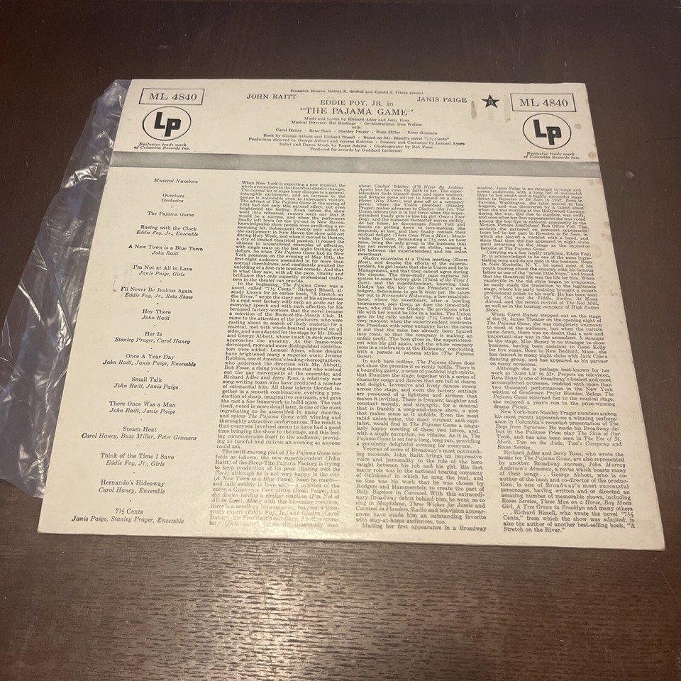 THE PAJAMA GAME-John Raitt, Janis Paige, Eddie Foy Jr. Vinyl Musical ...