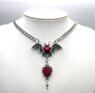 Stunning Gothic Vampire Bat Necklace Red Teardrop Halloween Jewellery ...