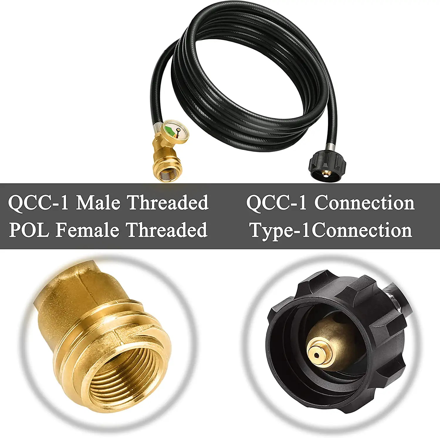 12 FT Propane Hose Extension w/ POL Gauge Acme to Male QCC1/POL ...