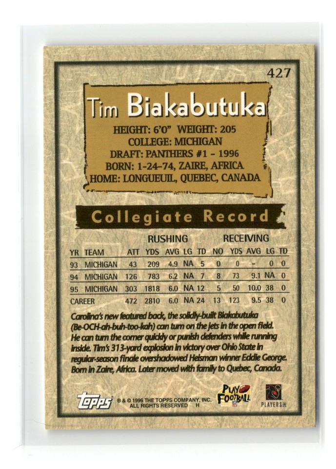 1996 Topps - #427 - Tim Biakabutuka RC - Carolina Panthers | eBay