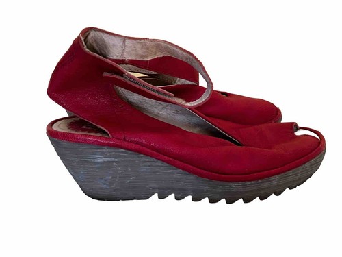 Fly London Womens Size 40 Red Leather Strappy Open Toe Wedge Sandals | eBay