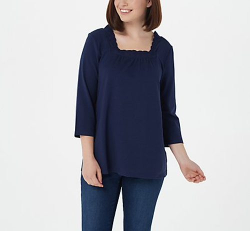 Denim & Co. - Jersey Square Neck Elbow Sleeve Top w Lace Trim - Navy ...