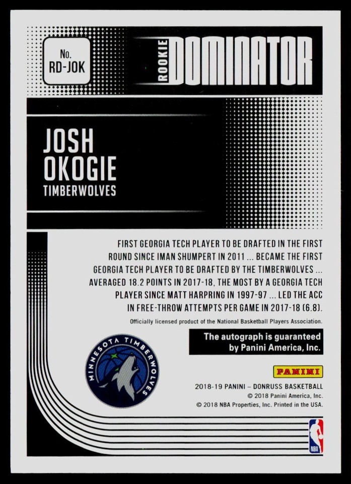 2018-19 Donruss Rookie Dominator Signatures Josh Okogie Rookie Auto /99 ...