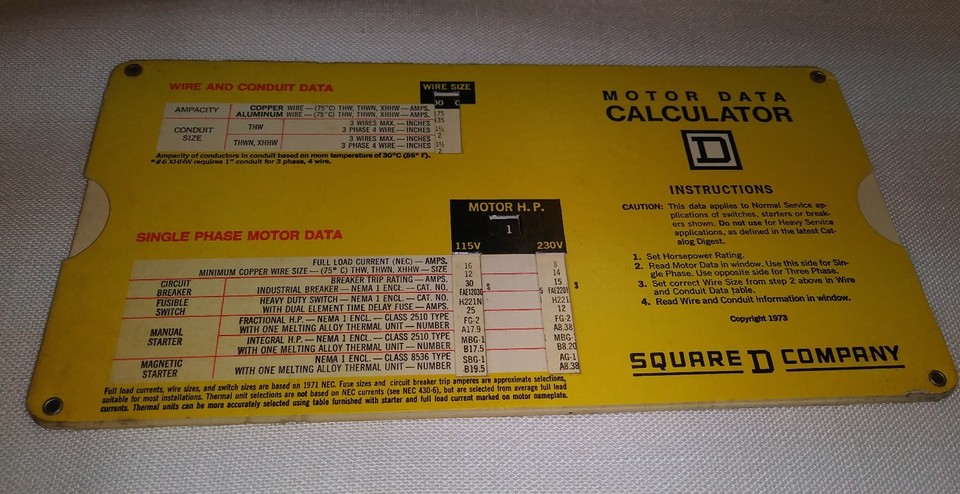 Vintage Square D SD Slide Rule Motor Data Calculator 1970s Exc ...