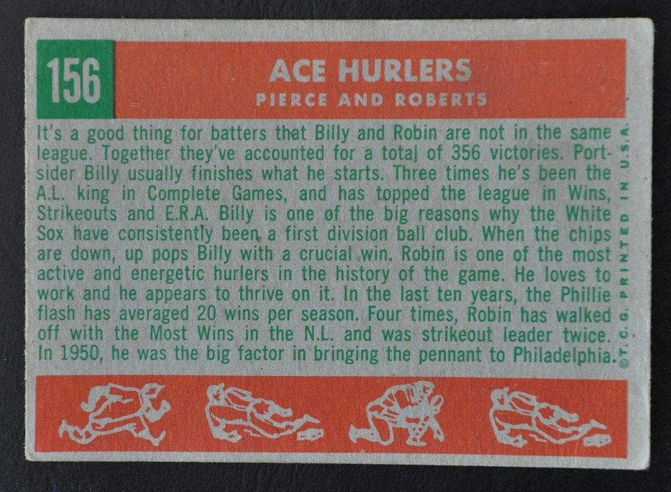 1959 TOPPS BASEBALL CARD #156 ACE HURLERS BILLY PIERCE & ROBIN ROBERTS ...