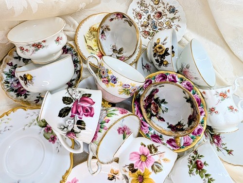 22-Piece Mismatched Vintage Tea Set Pink Yellow Floral Teacups ...
