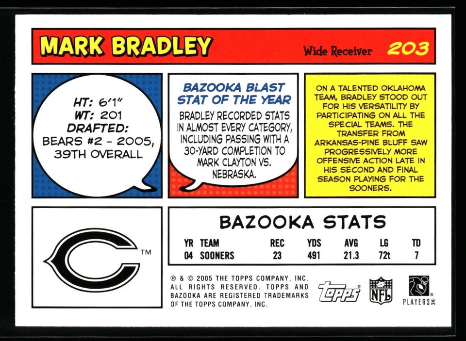 Mark Bradley 2005 Bazooka #203 Rookie Chicago Bears | eBay
