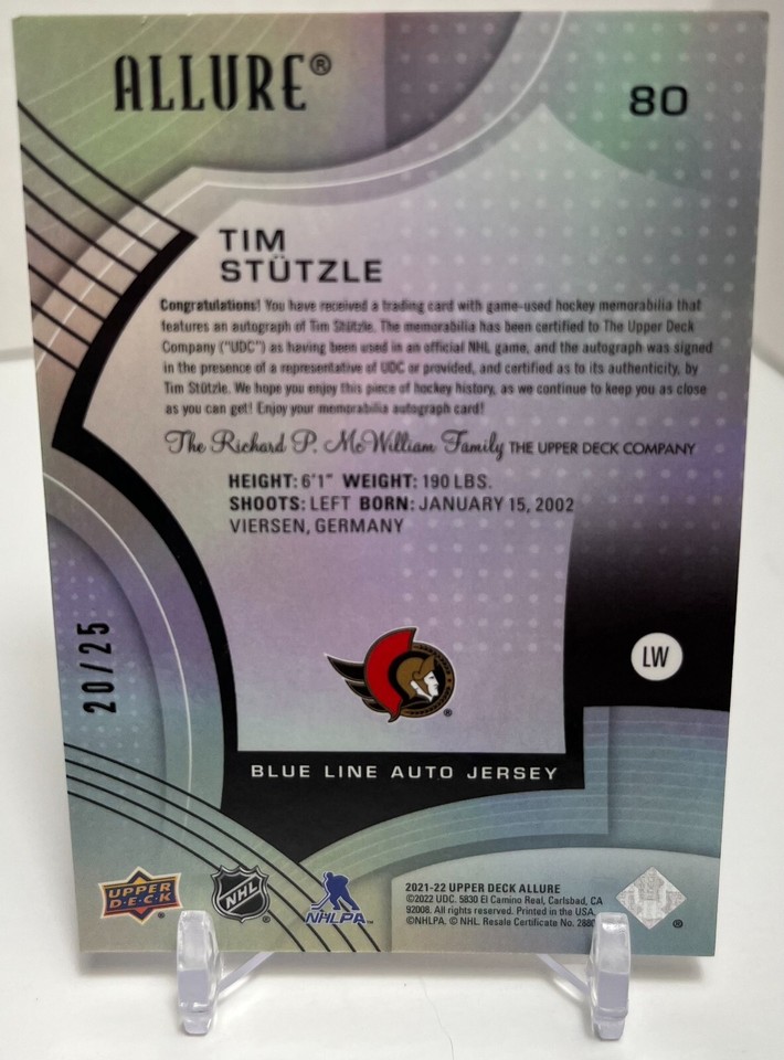 2021-22 UD Allure Tim Stutzle (#80) Parallel: Blue Line Auto Jersey 20/ ...