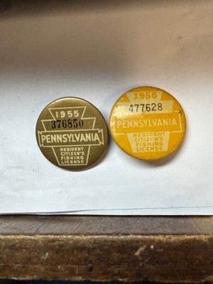 1956 and 1955 PA Pennsylvania Fishing License Resident Pin Button ...