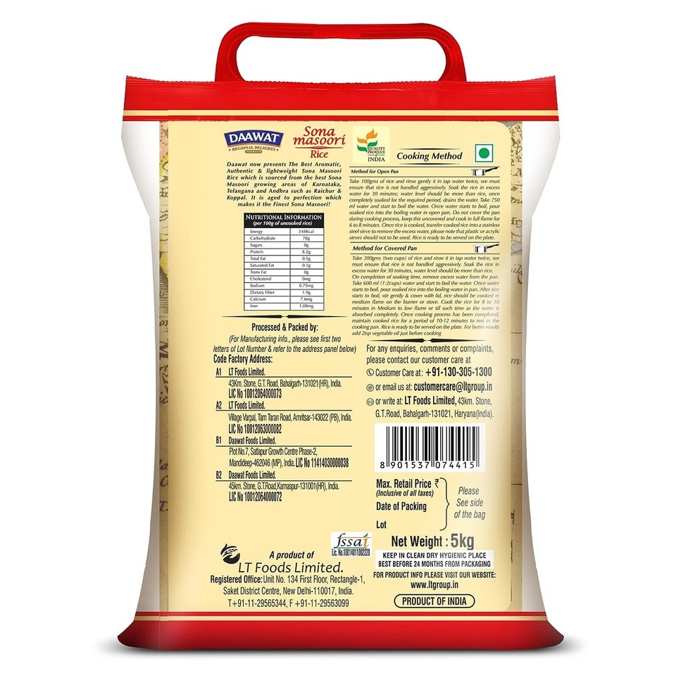 Daawat Sona Masuri Rice Slender and Fluffy Grains Rice Pack of 5 kg | eBay
