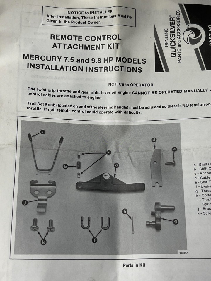 Quicksilver / Mercury / Mercruiser Remote Control Attachment Kit ...