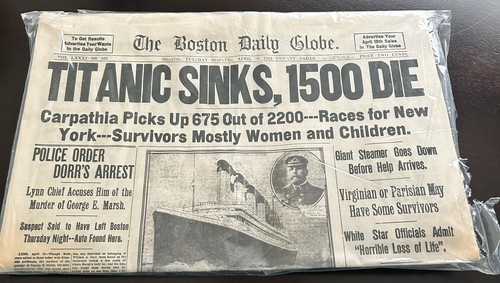 Titanic Sinks 1500 Die The Boston Daily Globe April 16 1912 ...