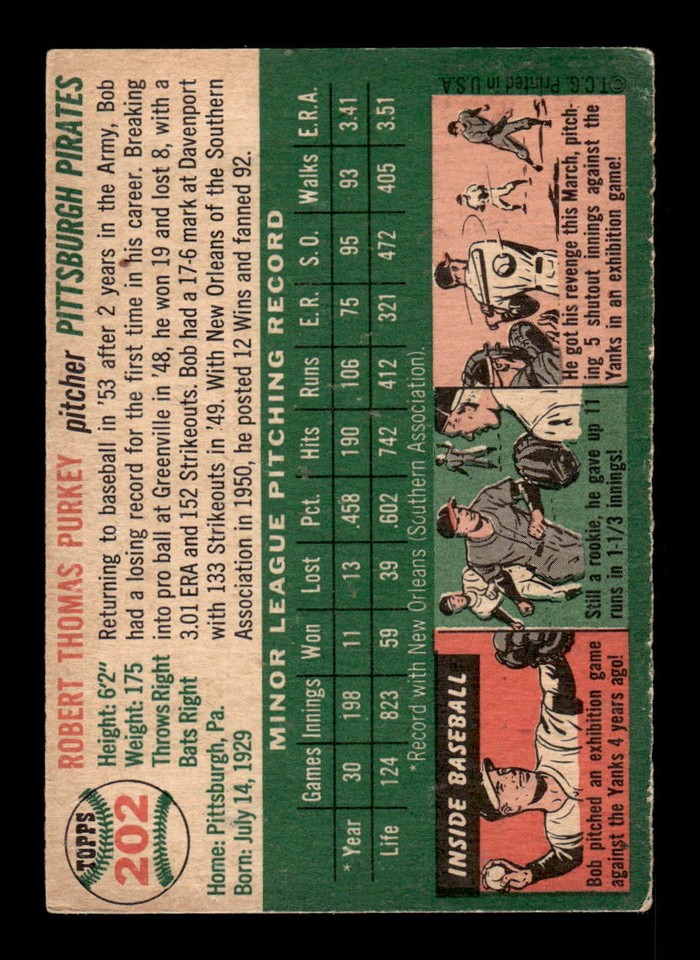 1954 Topps Baseball #202 Bob Purkey RC CREASED Very Good Pittsburgh ...