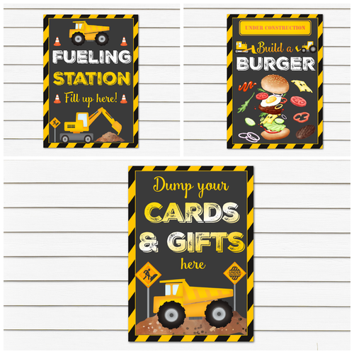 Construction Site Party Sign - Fueling Station, Build a Burger or Cards ...