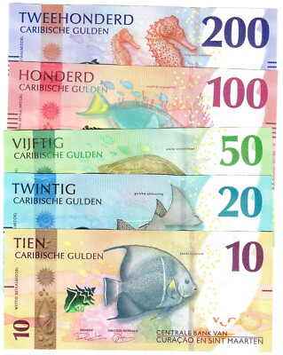 FULL SET Curacao & St Maarten 10, 20, 50, 100 & 200 Caribbean Guilders ...