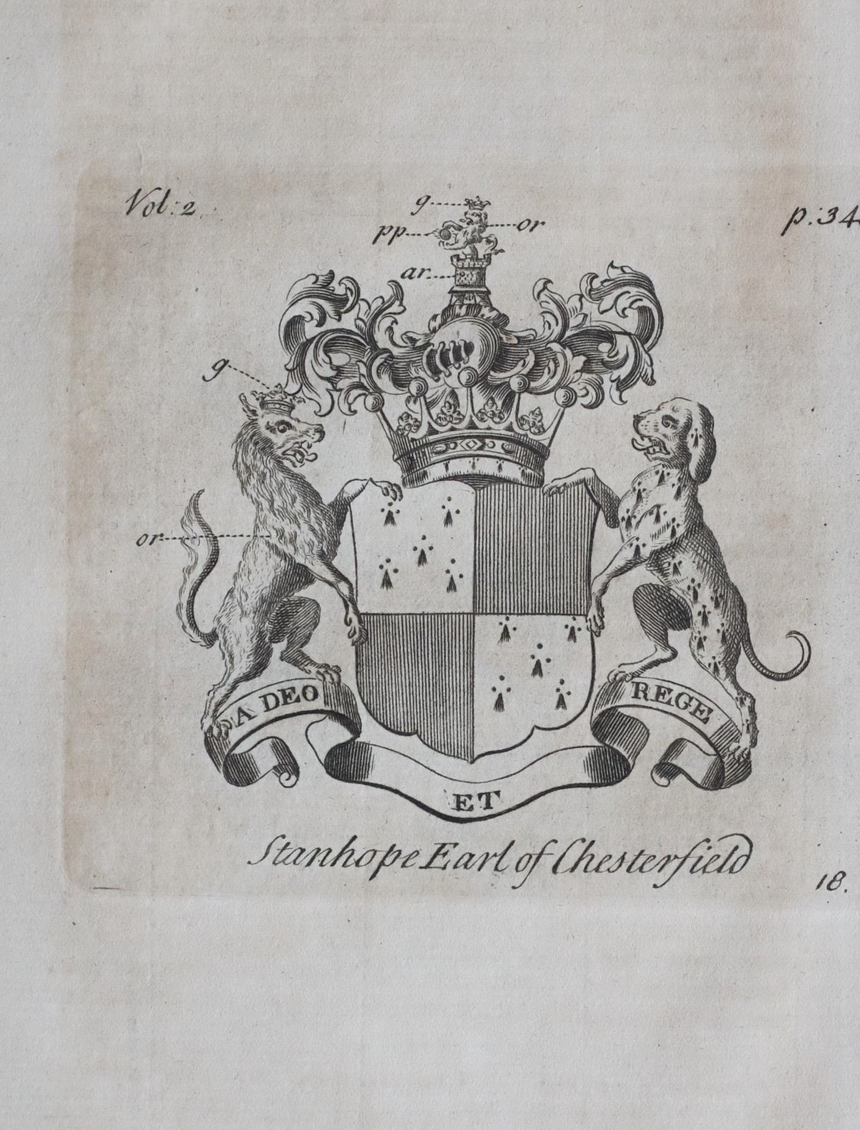 1756 ANTIQUE PRINT FAMILY CREST COAT OF ARMS STANHOPE EARL OF ...