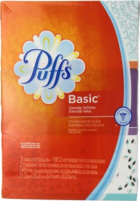 3 Boxes - Puffs Basic 2-Ply Facial Tissues, White, 180 Tissues Per Box ...
