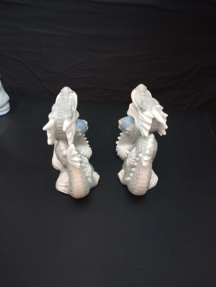 Pair of Yashimi K Porcelain Light Blue Dragon & 7 Lucky Gods Figurines ...