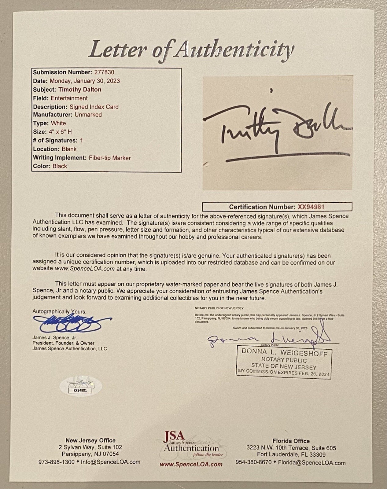 Timothy Dalton Signed Autographed 4x6 Card Full JSA Letter James Bond ...