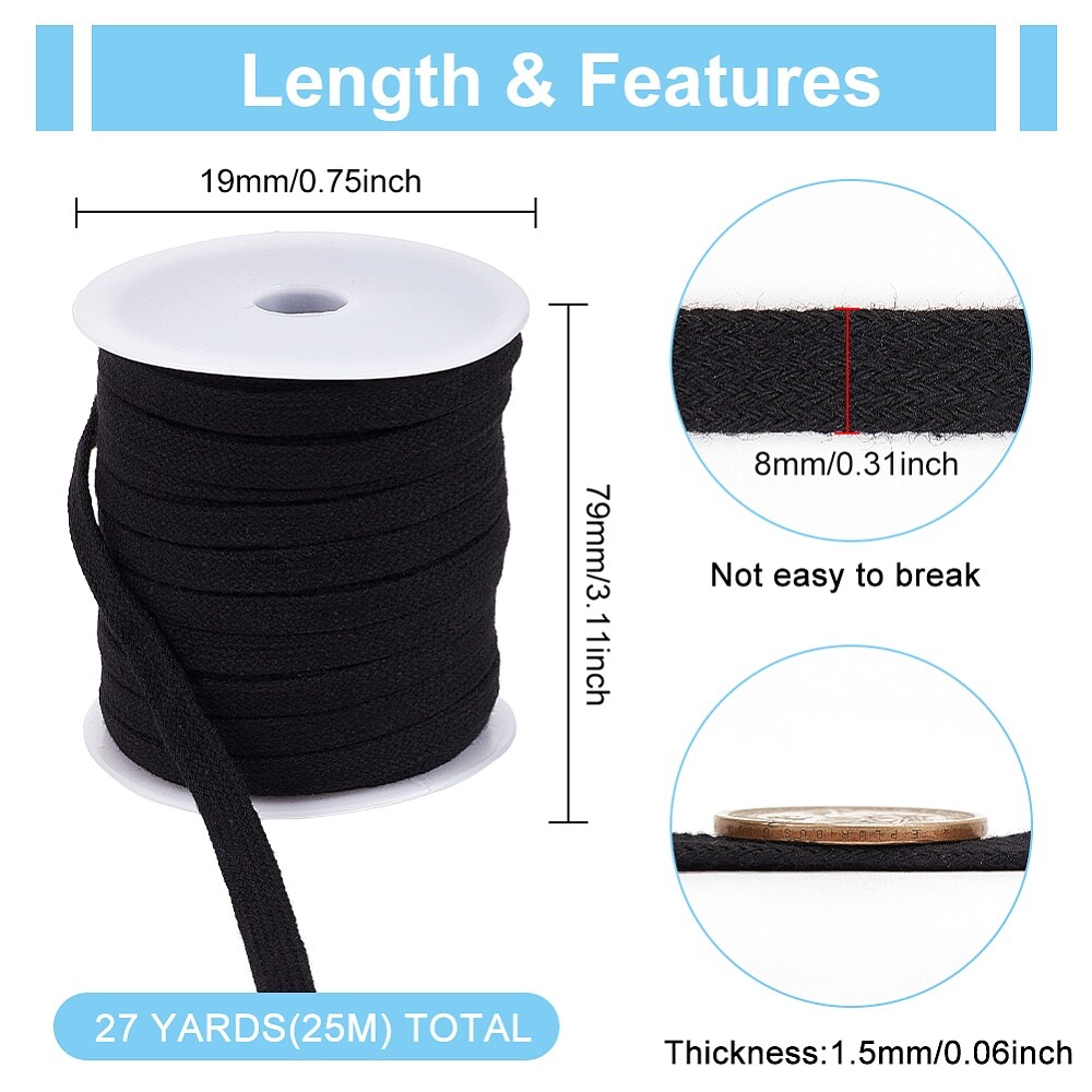 BLACK COTTON REPLACEMENT FLAT CORD TRACK PANTS HOODIES 8mm wide - by ...