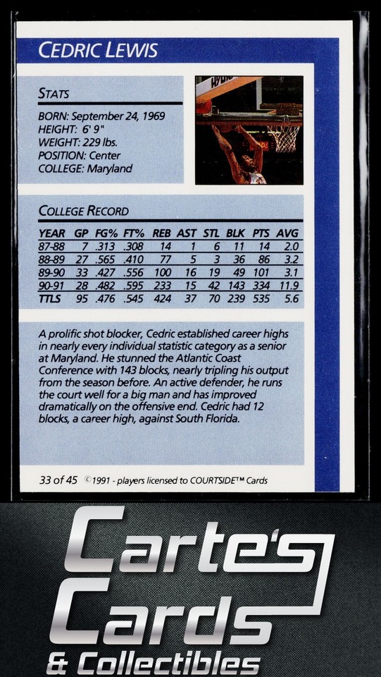 Cedric Lewis 1991 Courtside #33 Maryland Terrapins | eBay