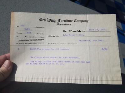 1912 Red Wing Furniture Co. Ephemera Letterhead Bill Receipt Hankinson ...