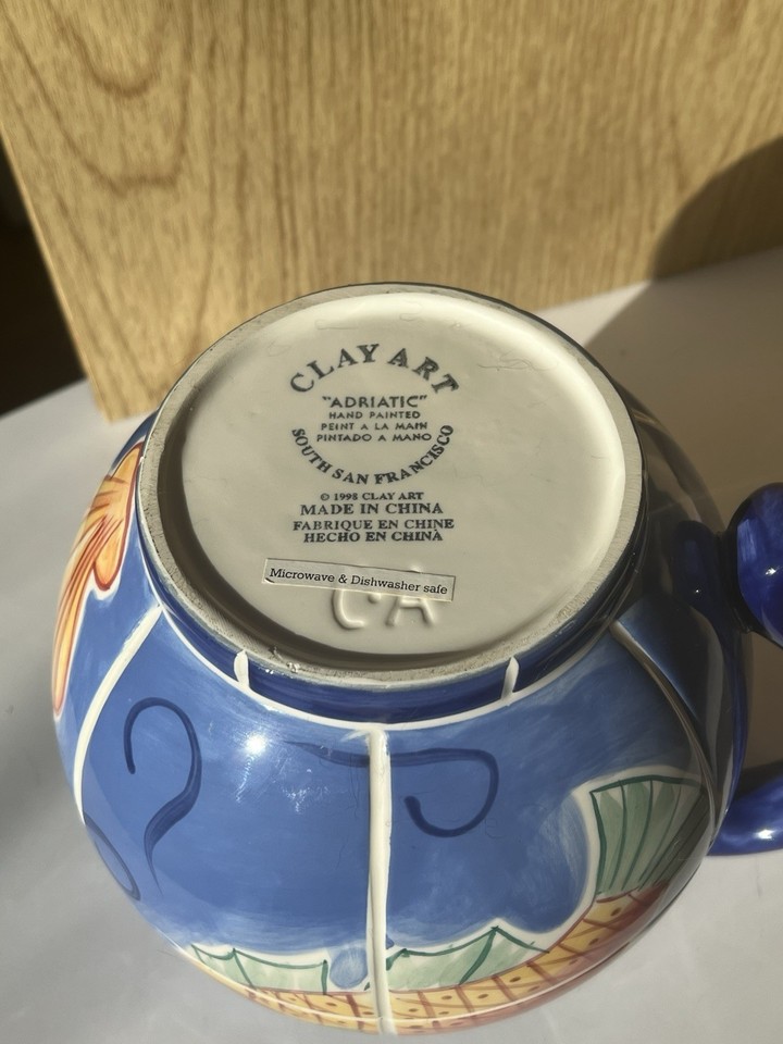 Clay Art Adriatic Hand Painted Ceramic Fish Pitcher and Matching Trivet ...