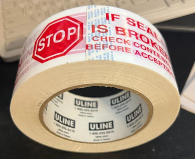 Uline 2 Inch x 55 Yard Red/White Packing Tape, "Stop... If Seal is ...