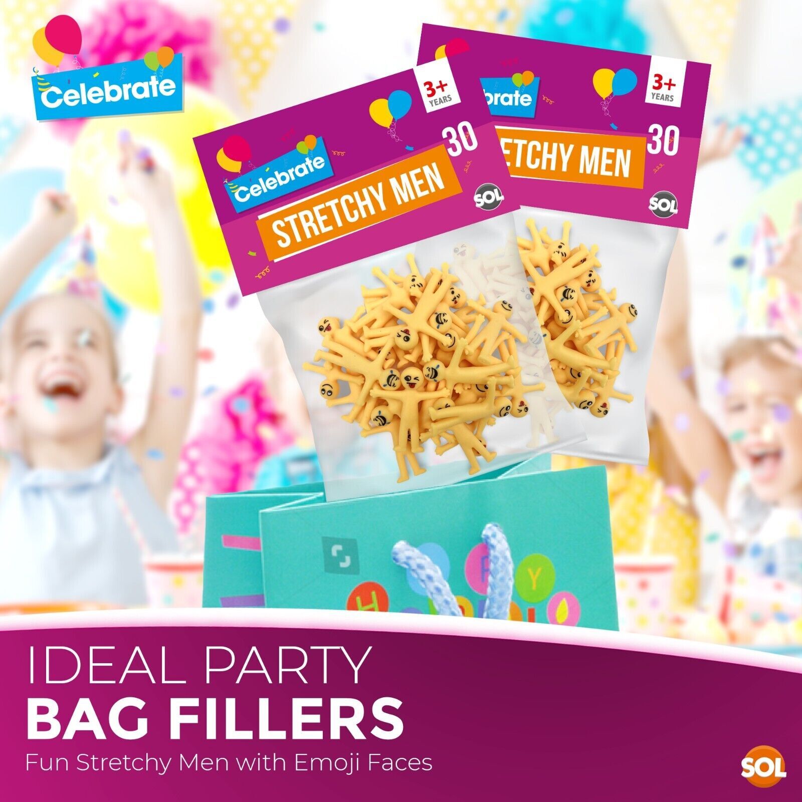 60 Yellow Stretchy Men | Party Bag Fillers Kids Fun Smiley Man Sticky ...