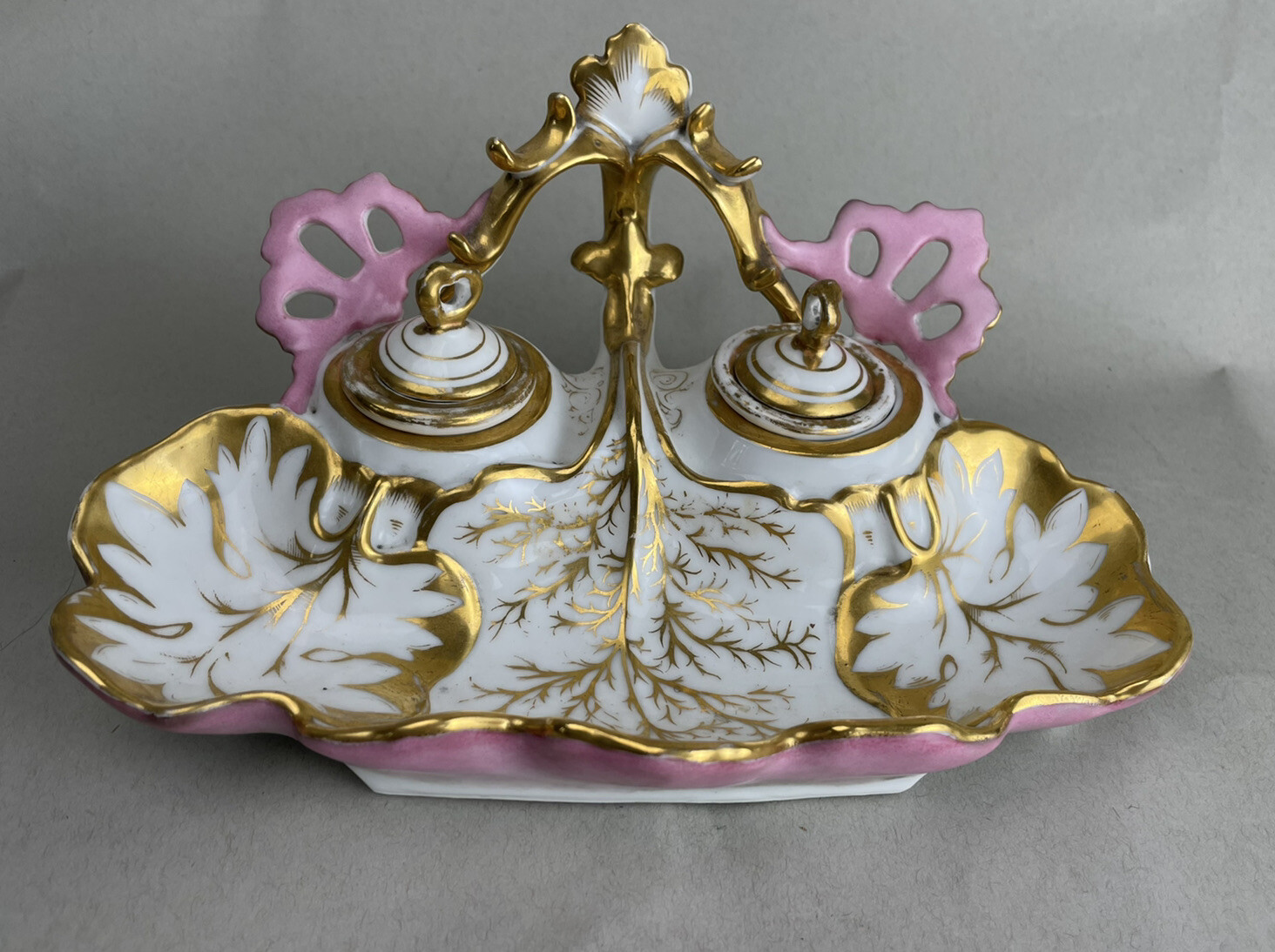 ANTIQUE Pink & Gold Hand painted Double Ink Well | eBay