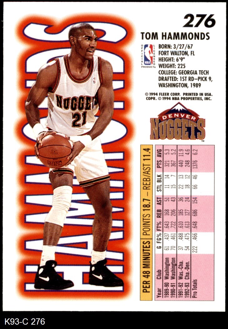 1993 Fleer #276 Tom Hammonds Nuggets Georgia Tech 8 - NM/MT | eBay