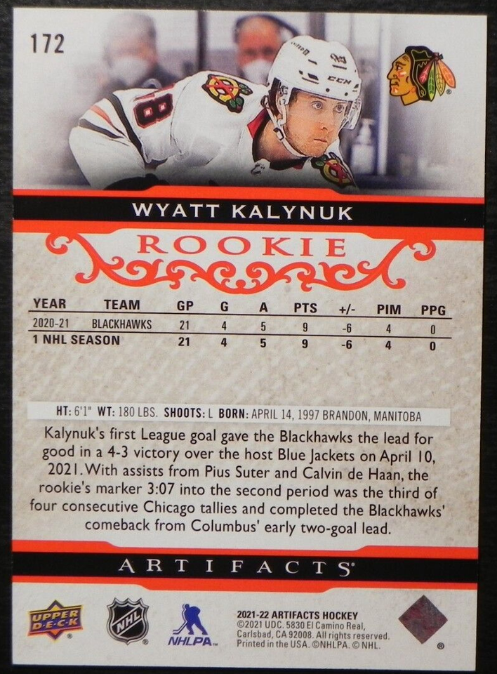2021-22 21/22 Artifacts ROOKIE RUBY #172 Wyatt Kalynuk Chicago ...