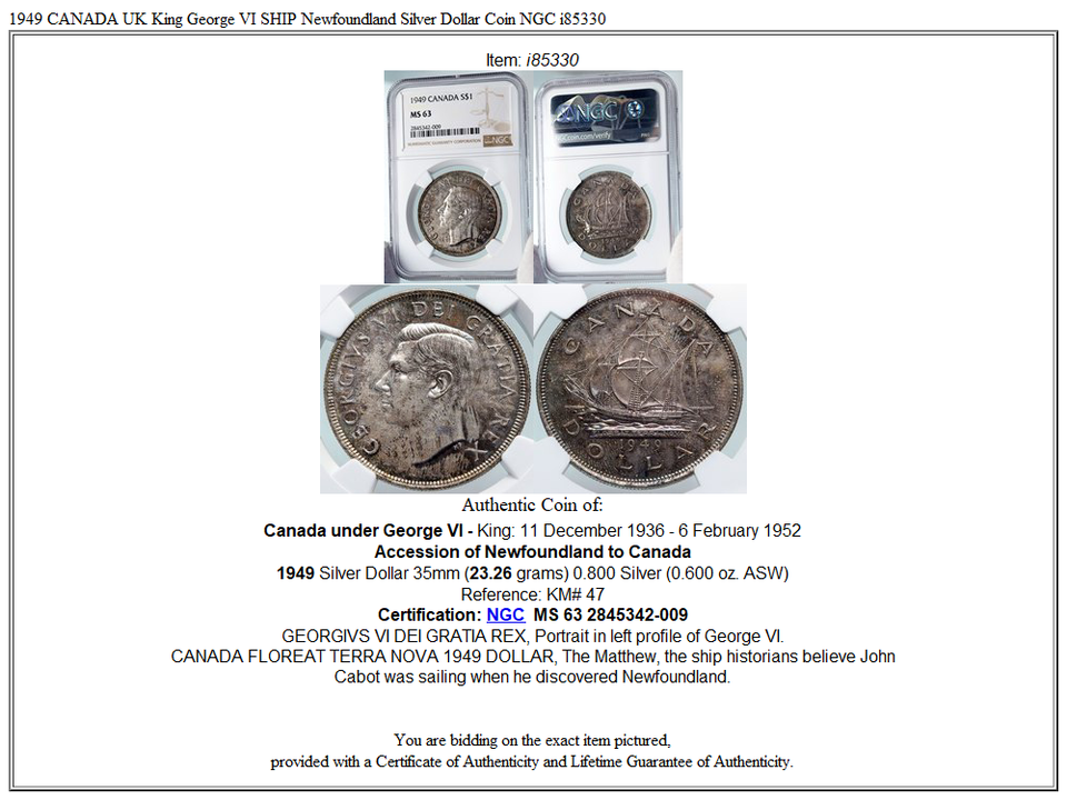 1949 CANADA UK King George VI SHIP Newfoundland Silver Dollar Coin NGC ...