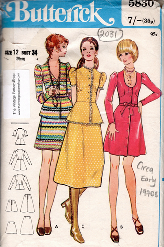 1970s Vintage Sewing Pattern Bust: 34″ DRESS TOP SKIRT (2031) Butterick ...