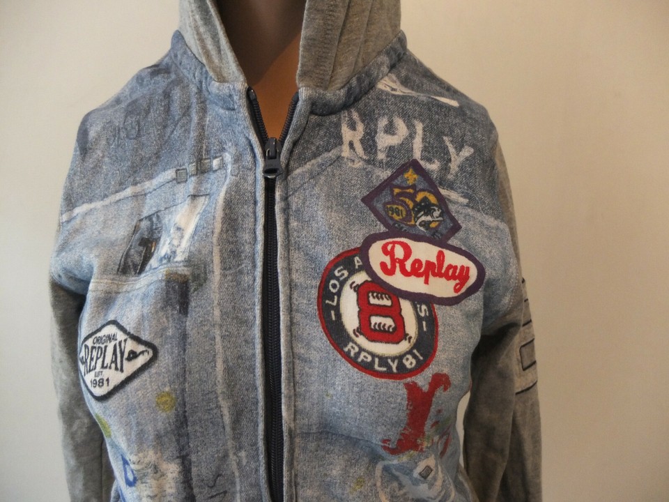 Replay Cool Zip Knitted Jacket L 164 Top Grey Patterned With Hood ...