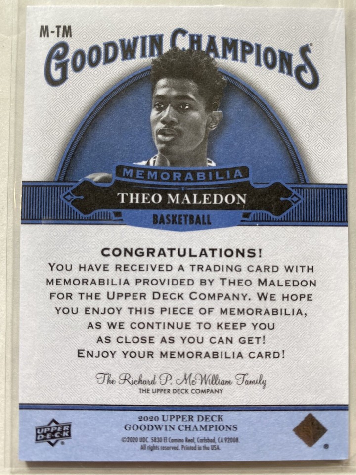 2020 Goodwin Champions Theo Maledon Jersey Memorabilia Relic Basketball ...
