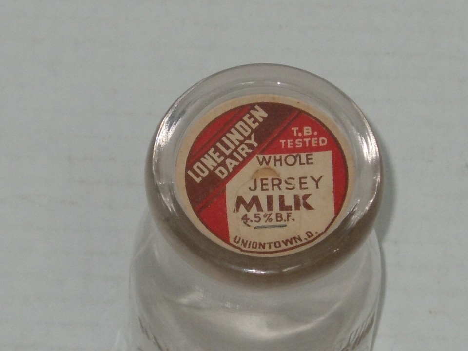 VINTAGE LONE LINDEN DAIRY WHOLE JERSEY MILK BOTTLE EMBOSSED PAPER CAP ...
