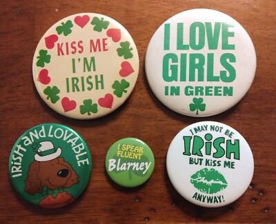 Lot of 5 Irish Saint St Patrick's Day Button Pins Blarney Clover Kiss ...