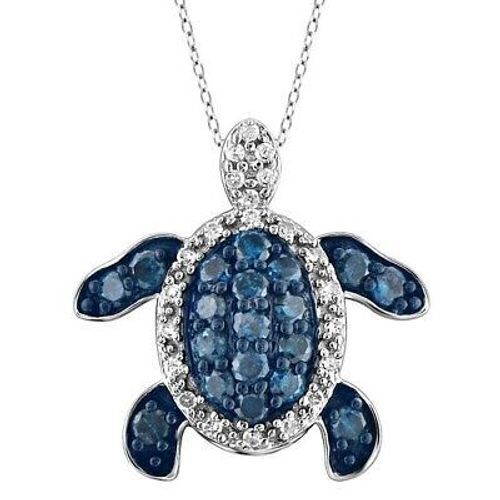 1 Ct Blue & White Diamond Turtle Pendant Necklace 18" Sterling Rhodium ...