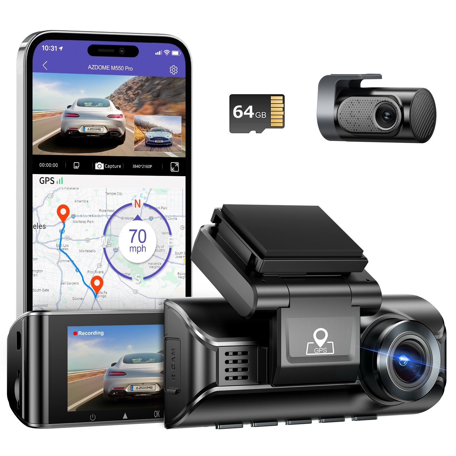 AZDOME 2CH 4K+1080P Dash Cam Front and Rear 5GWiFi GPS Car Recorder ...