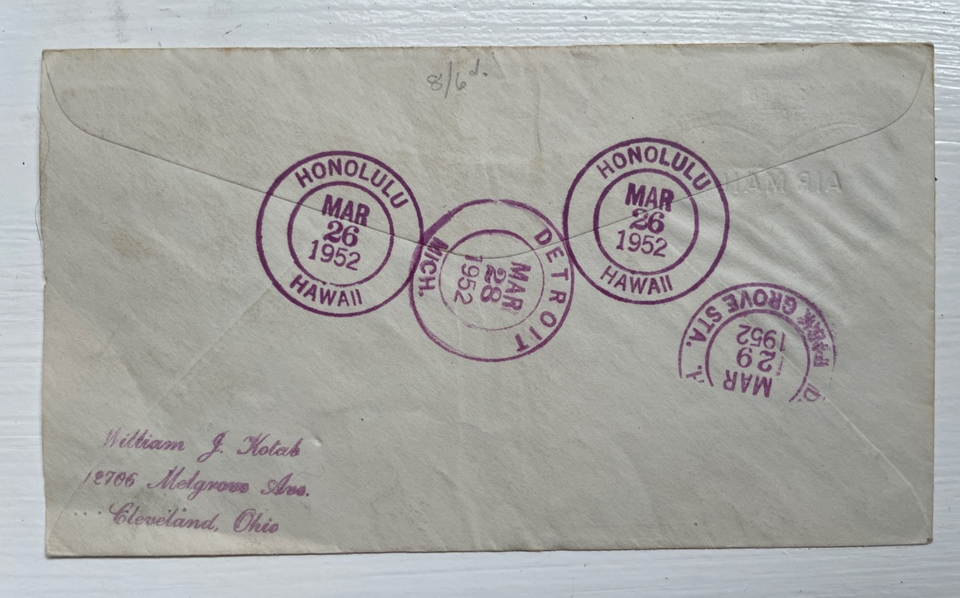 First Day Issue US Air Mail Hawaii 80 cent Stamp Envelope 1952 ...