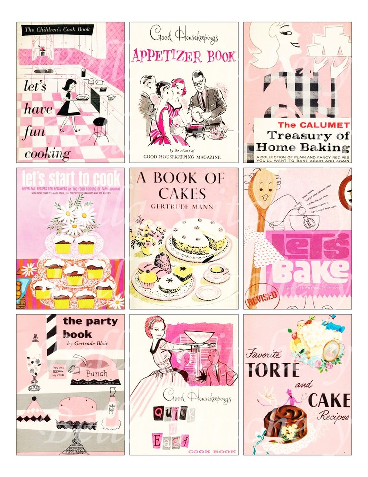 Set of 9 Vintage Retro Pink Cookbook Collages Craft Cotton FABRIC ...