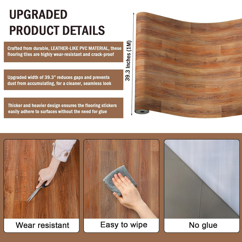Vinyl Flooring Roll 107 Sq.Ft | 3'4"W X 32'10"L, PVC Leather-Like ...