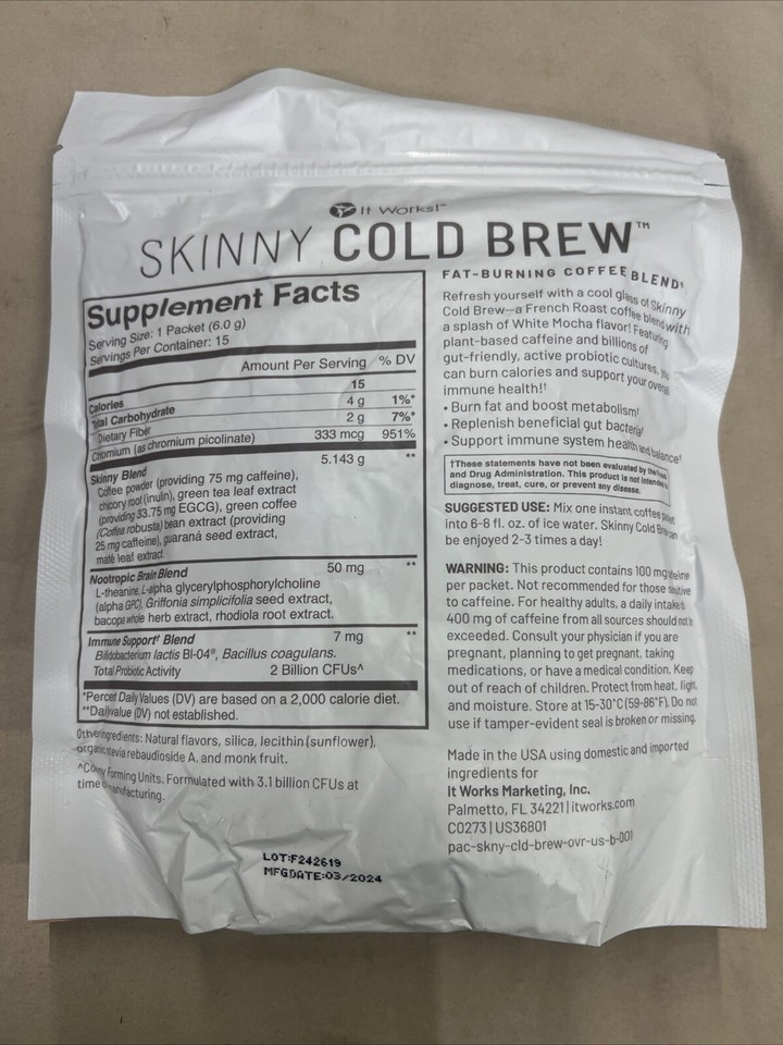 IT WORKS! SKINNY COLD BREW (15 Packets) KETO FRIENDLY WHITE MOCHA ...